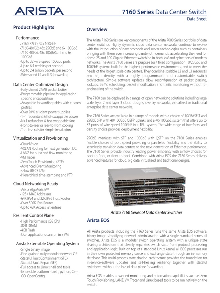 7160 Series Data Center Switch: Product Highlights | PDF | I Pv6 | Computer Network