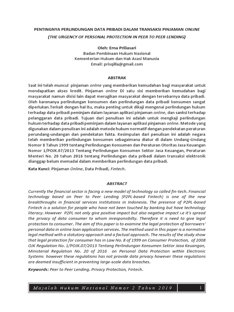 Perlindungan Data Pribadi Konsumen dalam Layanan Pinjaman Online: Tantangan dan Solusi Regulasi ...