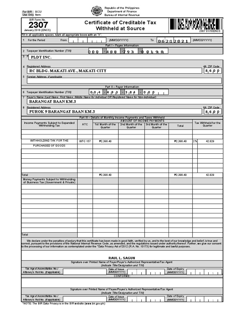 Certificate of Creditable Tax Withheld at Source: PLDT Inc. | PDF ...