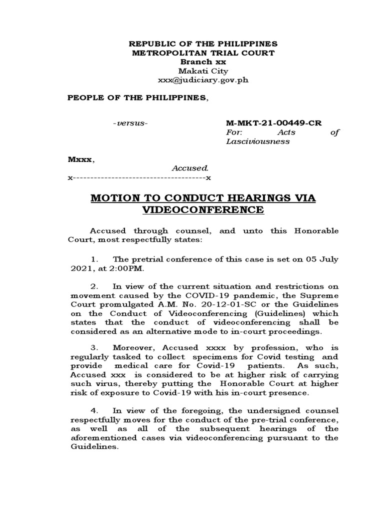 Motion To Conduct Hearings Via Videoconference: Republic of The ...