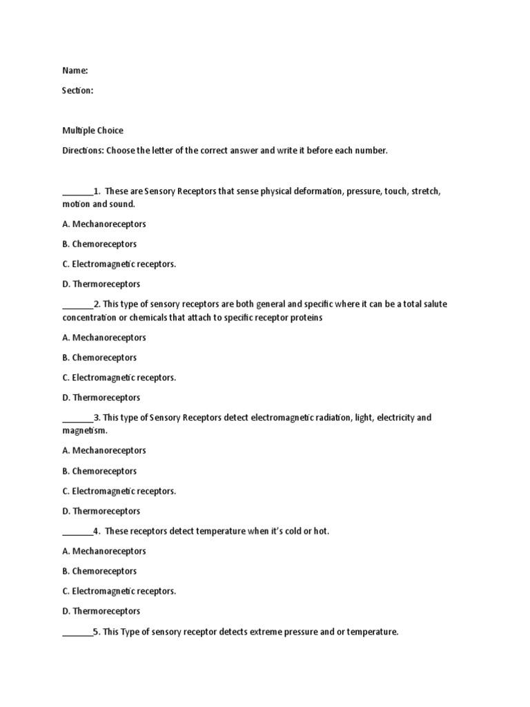 Sensory Receptors Multiple Choice Quiz | PDF | Stimulus (Physiology ...