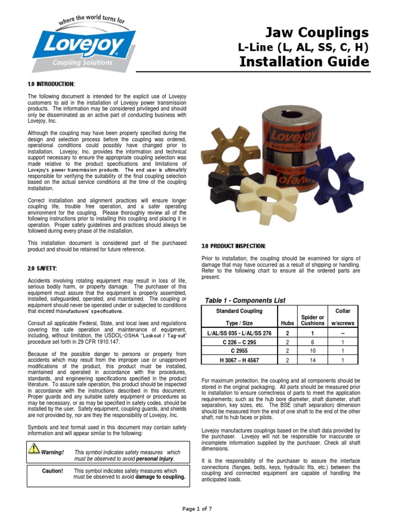 Jaw Couplings Installation Guide: L-Line (L, AL, SS, C, H) | PDF ...