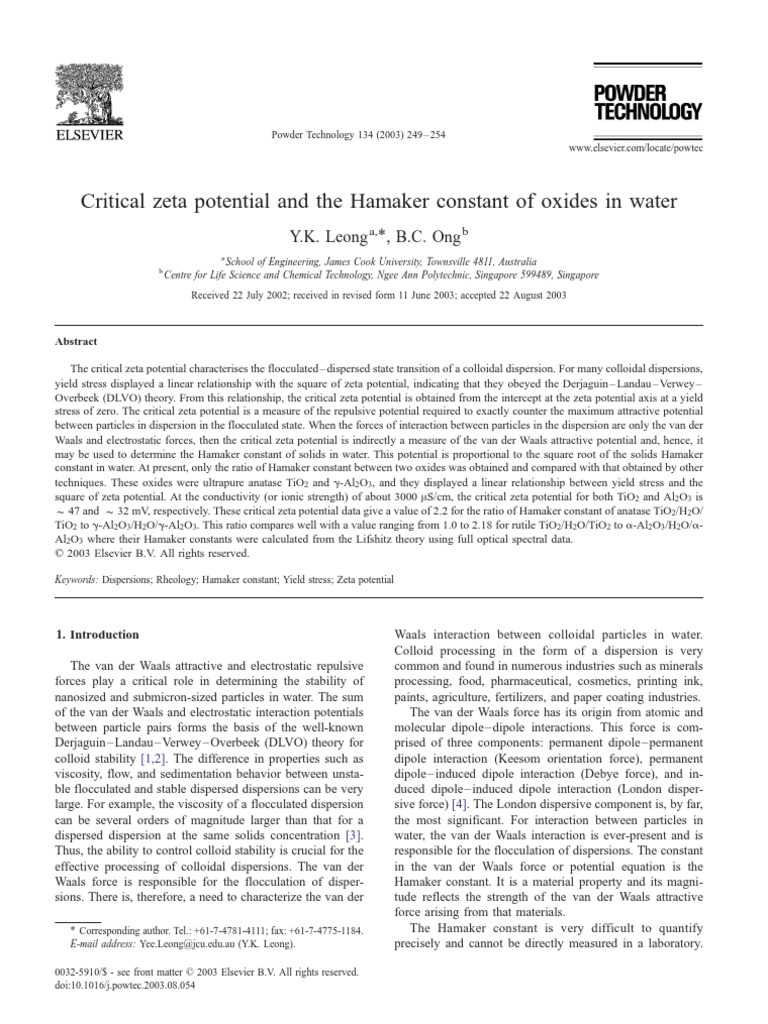 Critical Zeta Potential and The Hamaker Constant of Oxides in Water ...