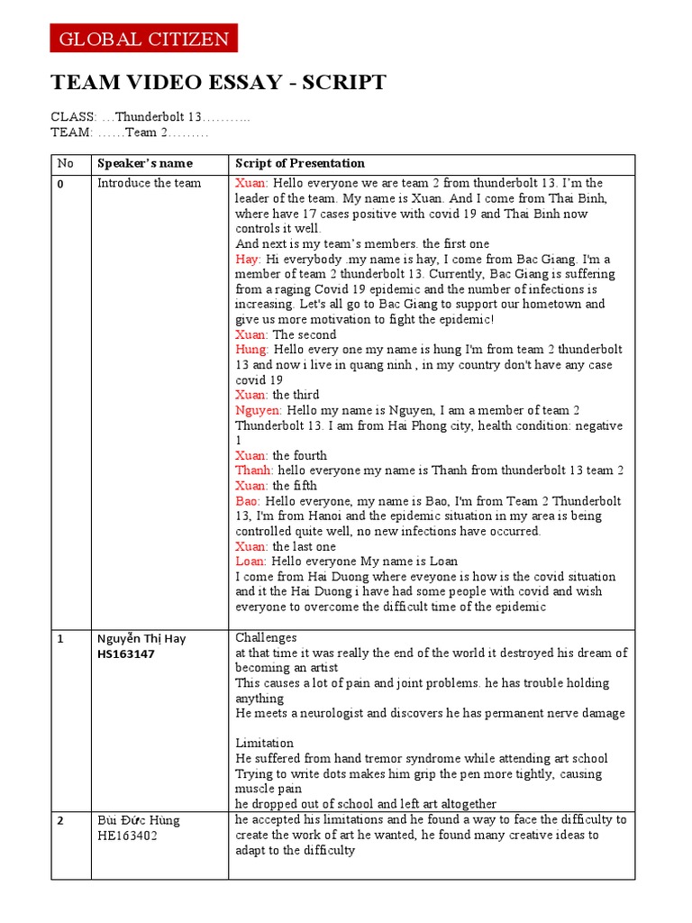 Team Video Essay - Script: Global Citizen | PDF