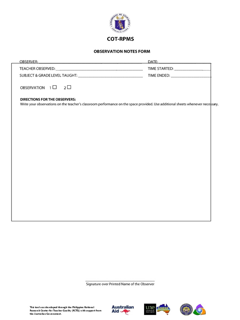 COT RPMS Observation Notes Form 1 New Normal | PDF