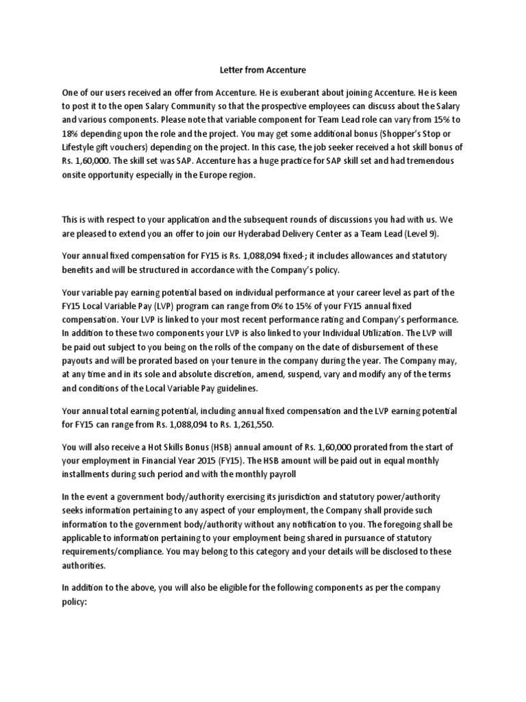 Accenture Letter | PDF | Salary | Payroll
