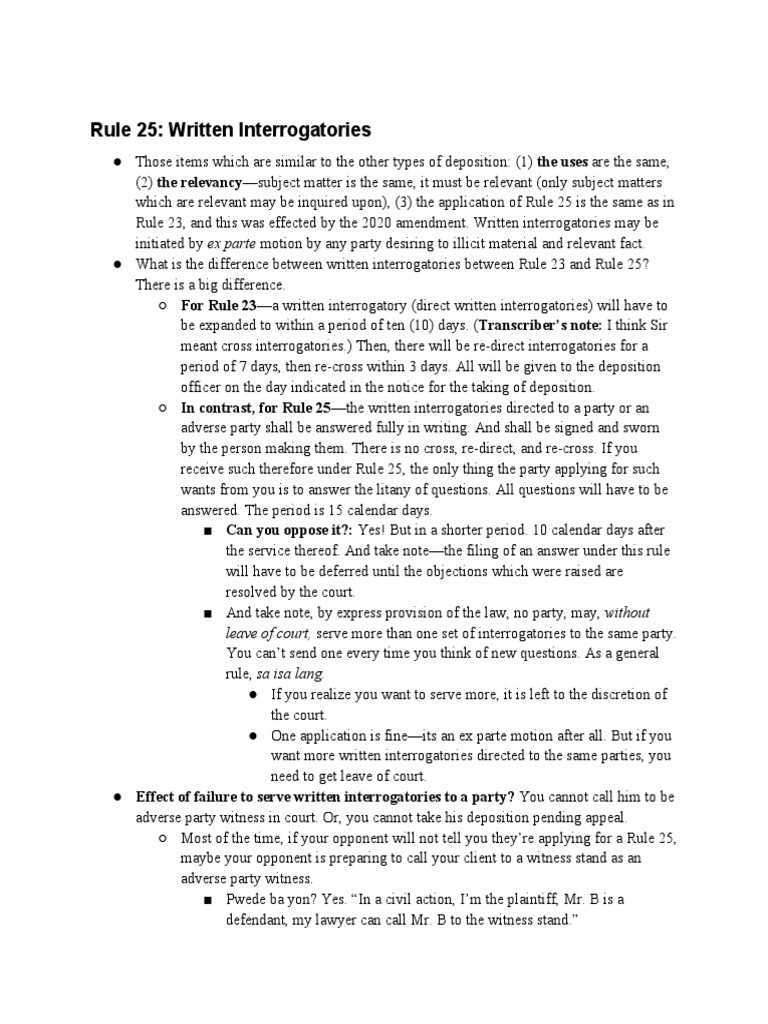 Rule 25 Pt. 1 | PDF | Interrogatories | Deposition (Law)