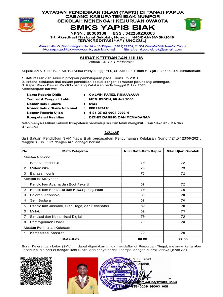 Hasil SKL Siswa 0001169418 | PDF