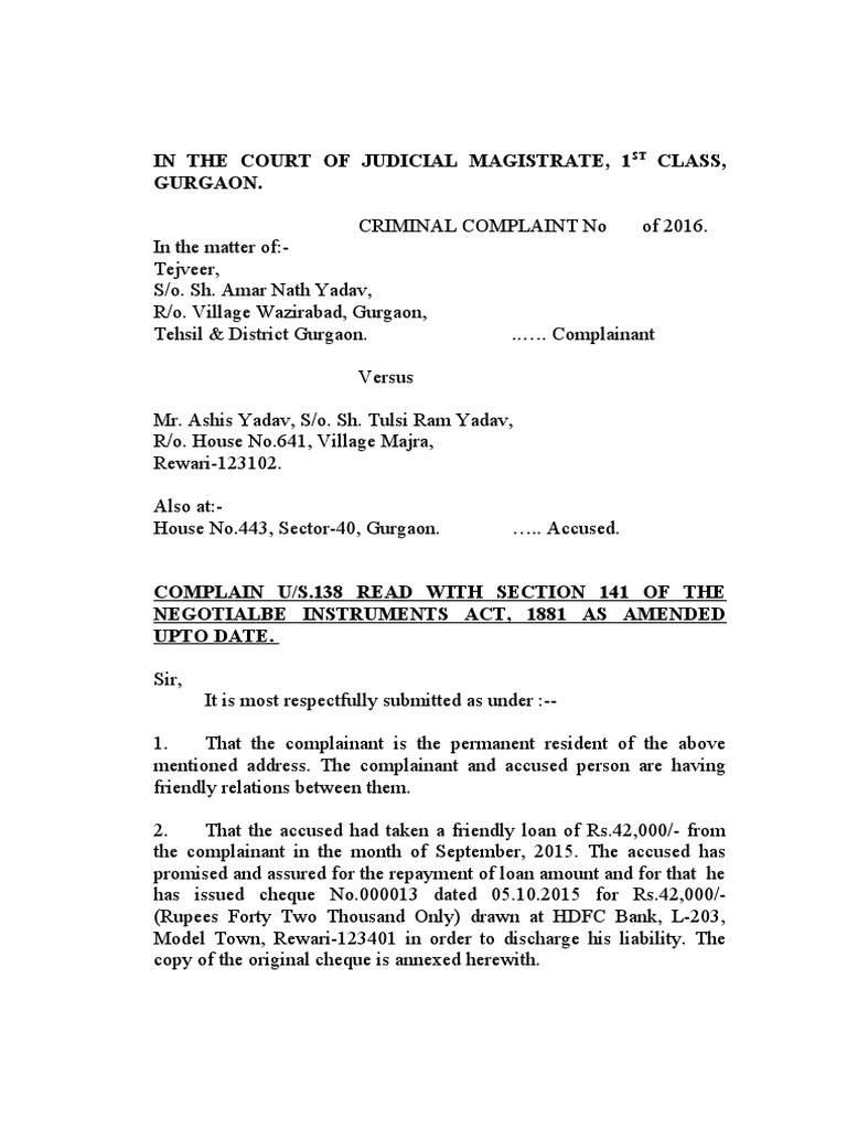 In The Court of Judicial Magistrate, 1 Class, Gurgaon | PDF | Affidavit ...