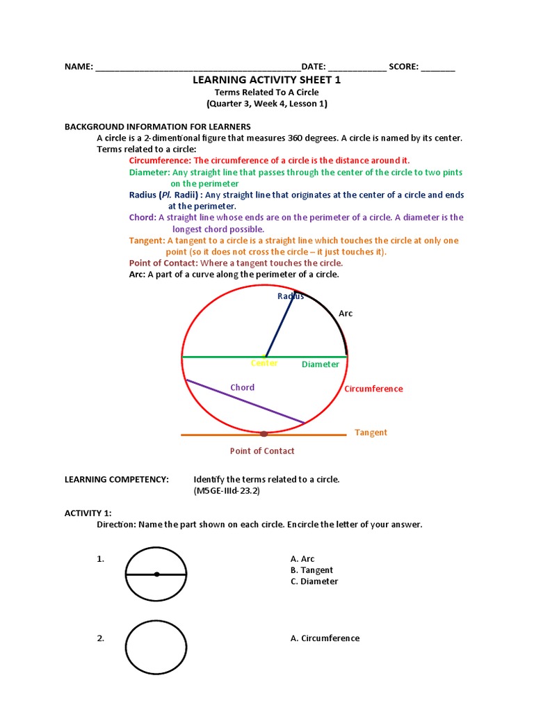Learning Activity Sheet 1: Circumference: The Circumference of A Circle ...