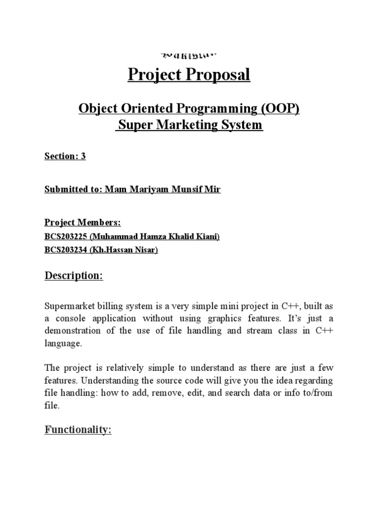 Project Proposal: Object Oriented Programming (OOP) Super Marketing System | PDF