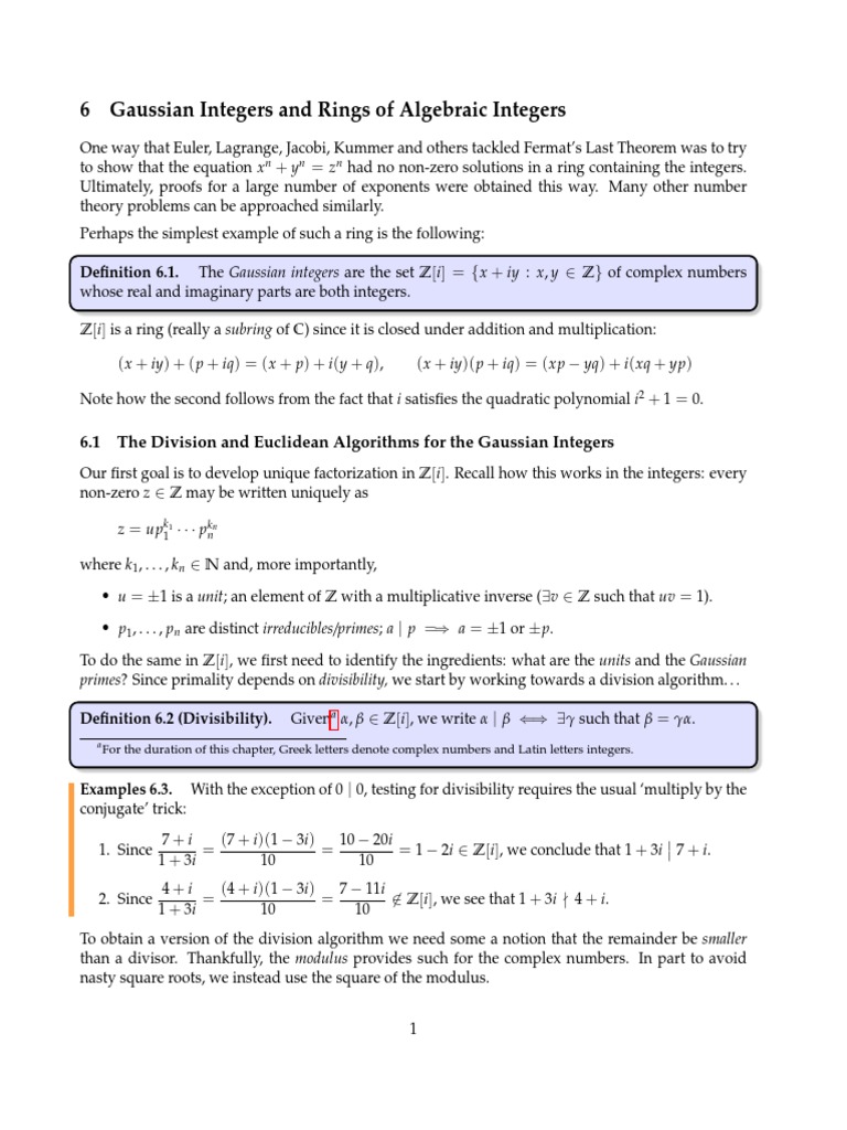 6 Gaussian Integers and Rings of Algebraic Integers: Definition 6.1. Z ...