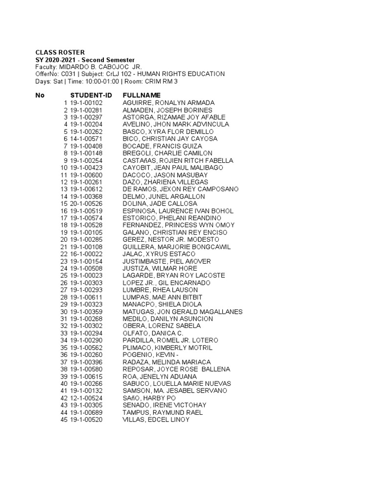 No Student-Id Fullname: Class Roster SY 2020-2021 - Second Semester | PDF