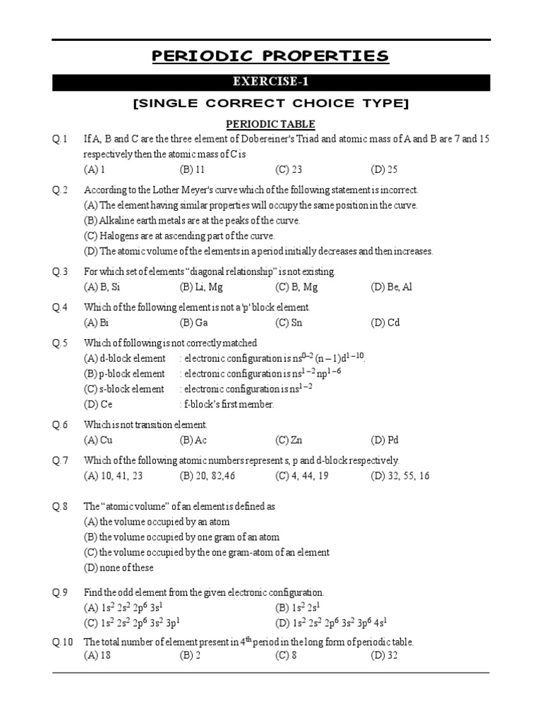 Periodic Properties: Exercise-1 | PDF | Periodic Table | Ionization