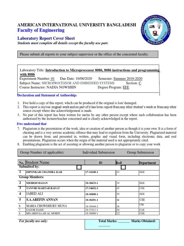 Faculty of Engineering: Laboratory Report Cover Sheet | PDF | Pointer ...