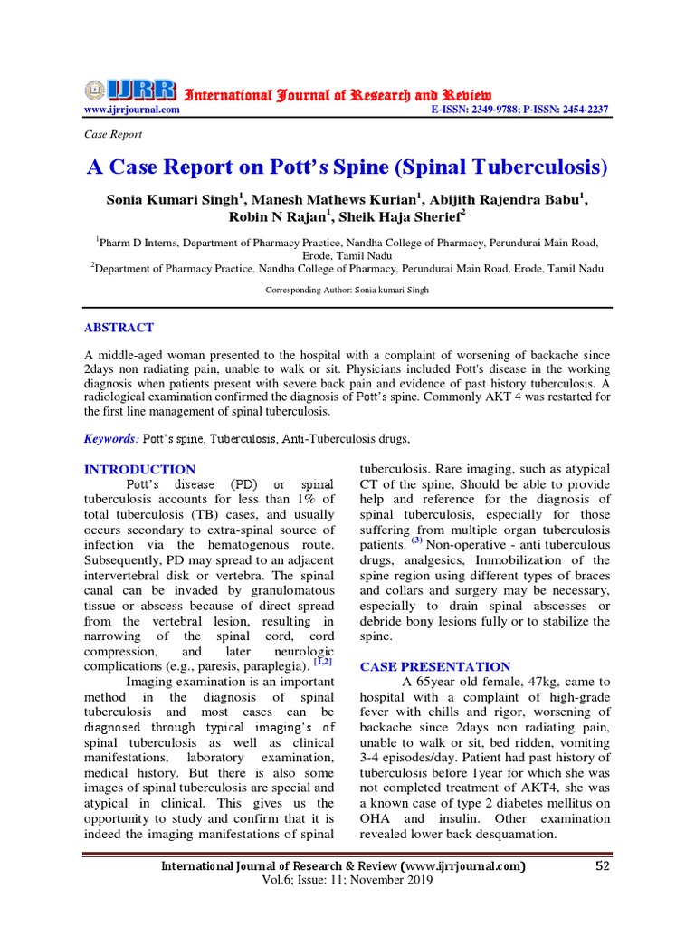 A Case Report On Potts Spine Spinal Tube | PDF | Tuberculosis | Back Pain