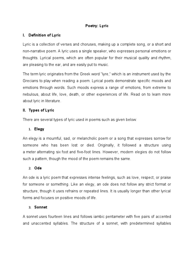 Poetry: Lyric I. Definition of Lyric | PDF | Lyric Poetry | Sonnets