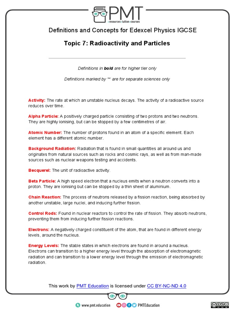 Definitions - Topic 7 - Radioactivity and Particles - Edexcel Physics IGCSE | PDF | Radioactive ...