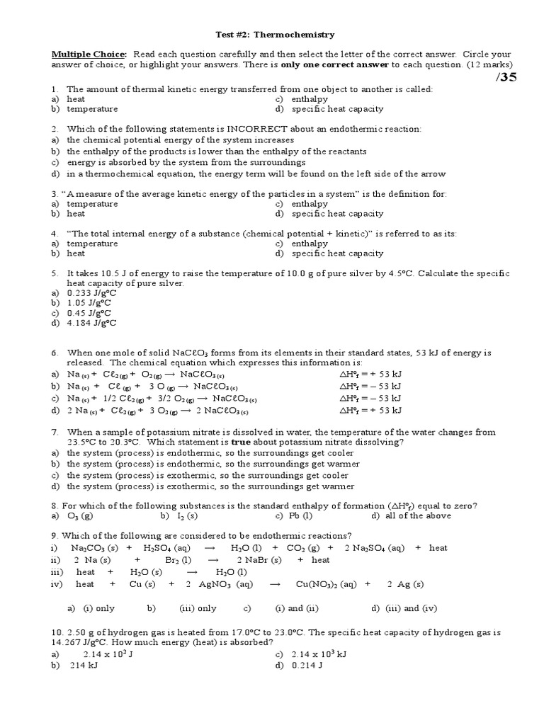 Test #2: Thermochemistry Multiple Choice: Read Each Question Carefully ...