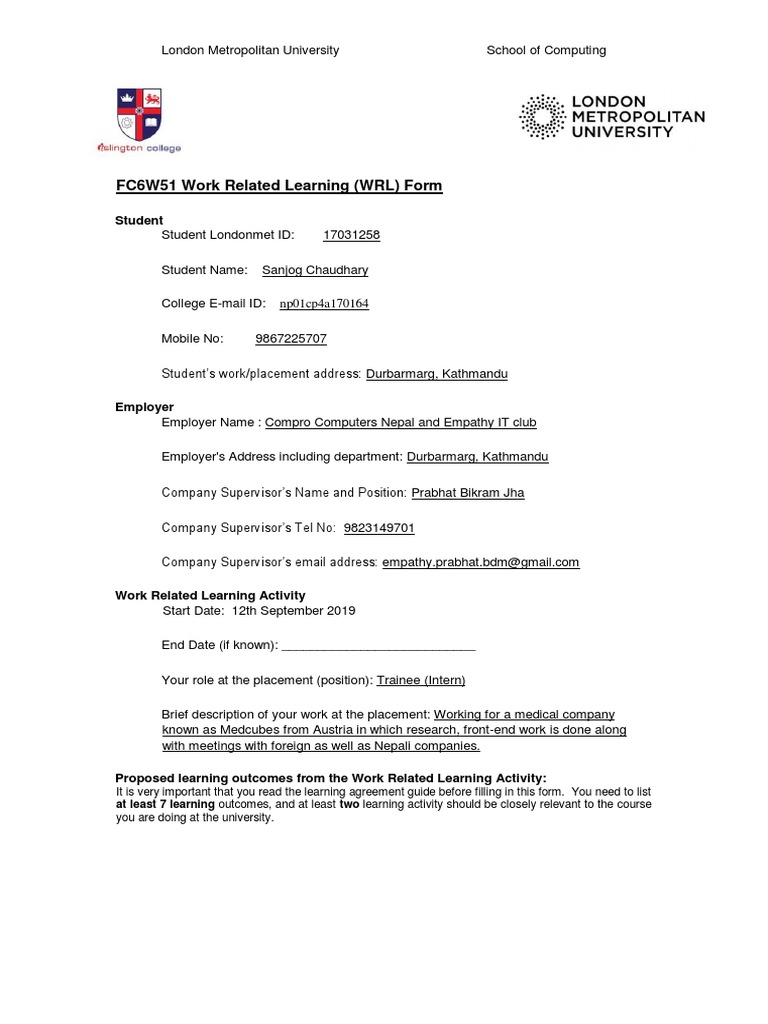 Work Related Learning Form for Medical Internship | PDF | Risk ...