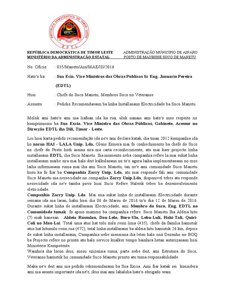 República Democrática de Timor Leste Administração Municipio de Ainaro ...