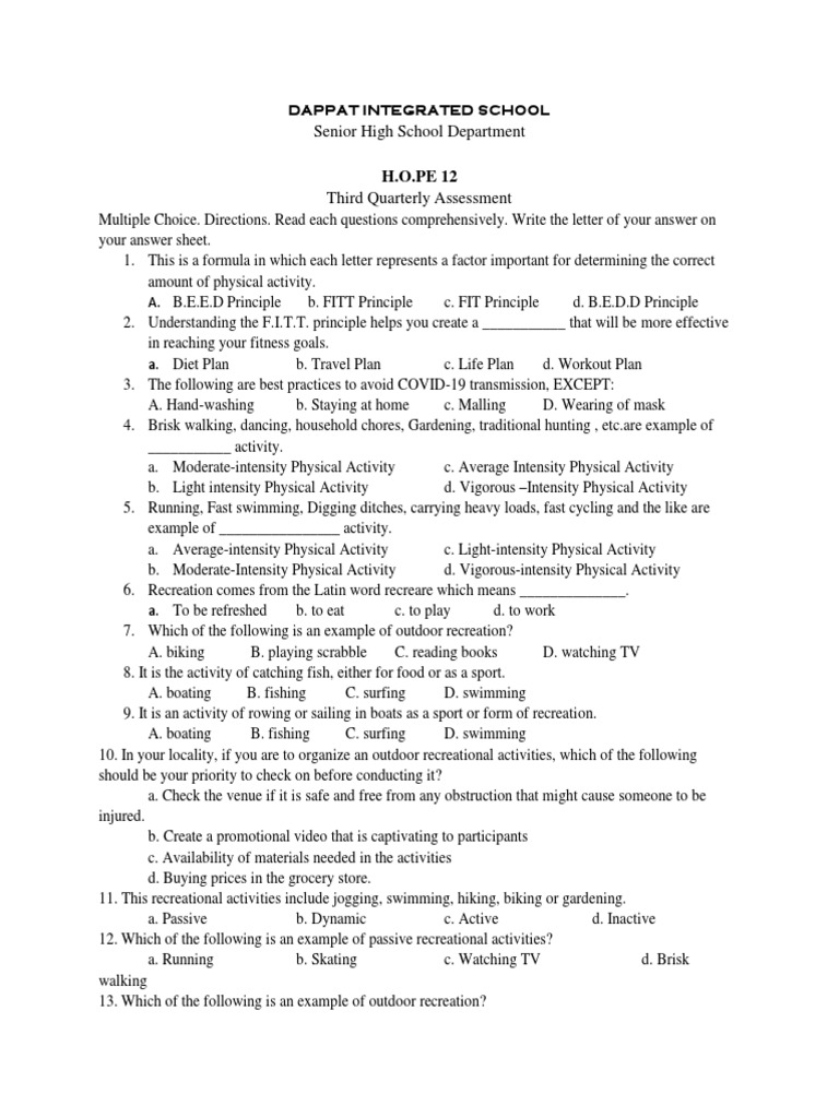 Hope 12 3RD Summative Examination | PDF | Outdoor Recreation | Recreation