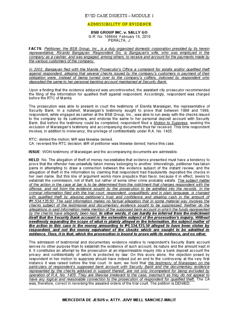 Evid Case Digests - Module 1 | PDF | Notary Public | Plea