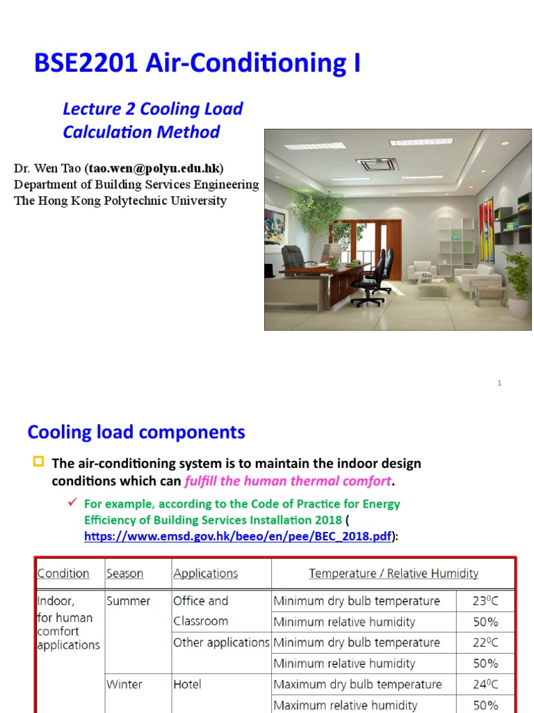 Lecture 2 BSE2201 Cooling Load Calculation | PDF | Air Conditioning ...