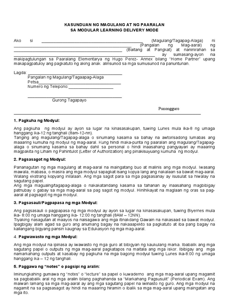 Kasunduan NG Magulang at NG Paaralan | PDF