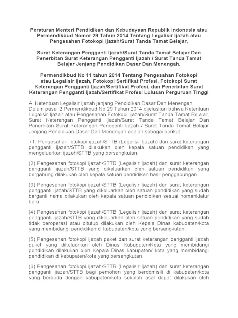 Peraturan Menteri Pendidikan Dan Kebudayaan Republik Indonesia Atau Permendikbud Nomor 29 Tahun ...
