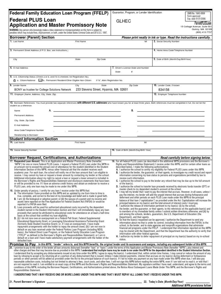 Federal PLUS Loan Application and Master Promissory Note | PDF ...