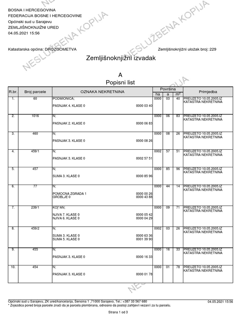 Zemljišnoknjižni Izvadak: A Popisni List | PDF