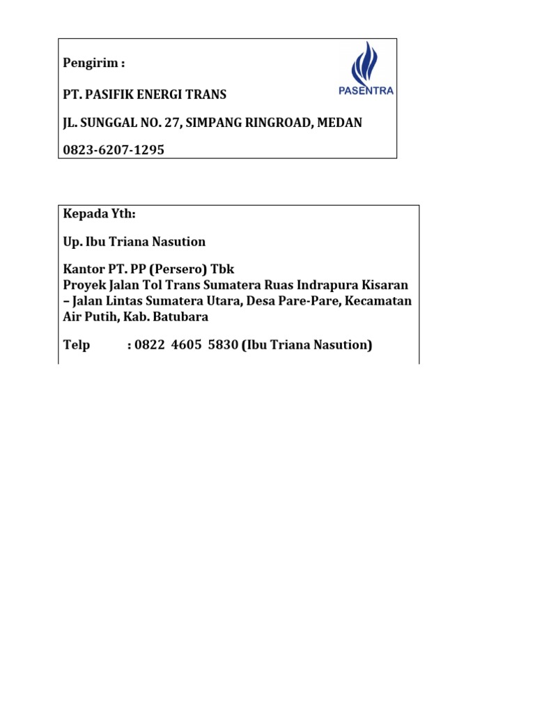 PT Pasifik Energi Trans kirim surat ke PT PP Tbk proyek jalan tol Trans Sumatera | PDF