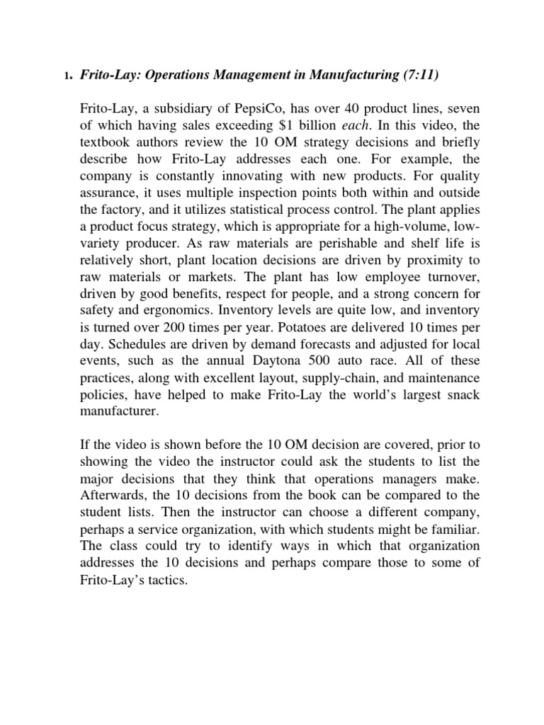 Frito-Lay: Operations Management in Manufacturing (7:11) | PDF