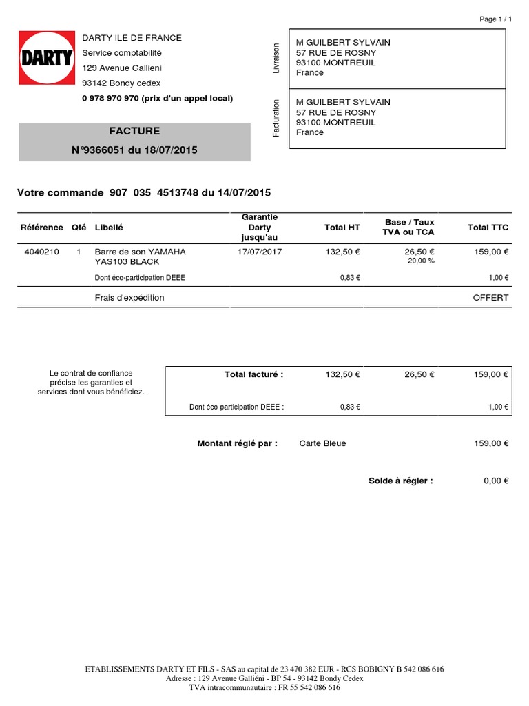 FactURE 3 Barre Yamaha Darty | PDF | Sodles | Impôts