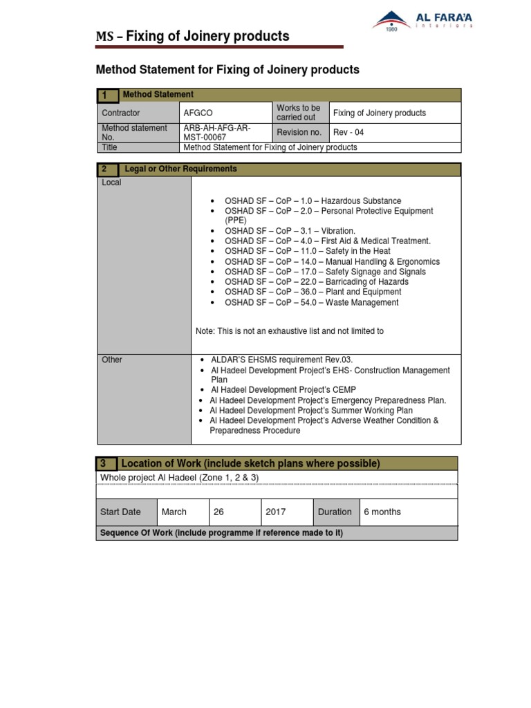 METHOD STATEMENT (Doors, Wardrobes & Vanity) | PDF | Door | Personal Protective Equipment