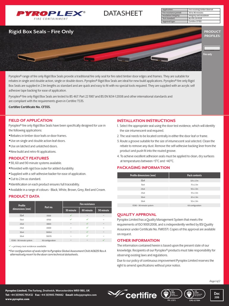 Datasheet: Rigid Box Seals - Fire Only | PDF | Smoke | Door