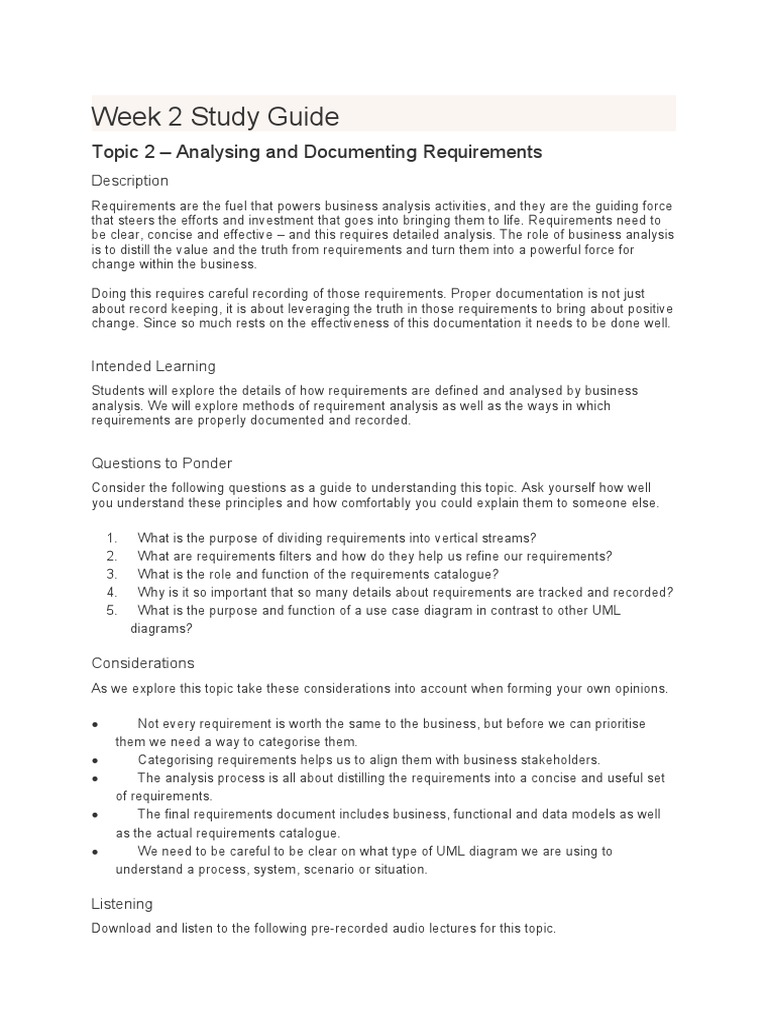 Week 2 Study Guide: Topic 2 - Analysing and Documenting Requirements ...