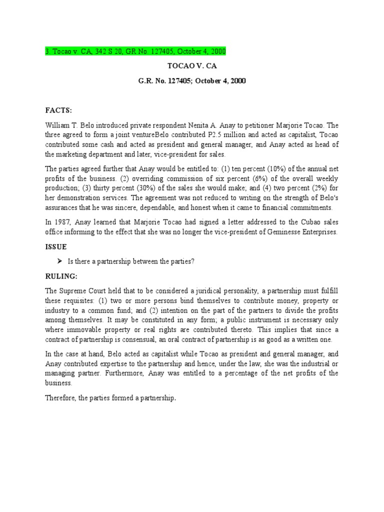 Case Digest | PDF | Partnership | Concurrent Estate