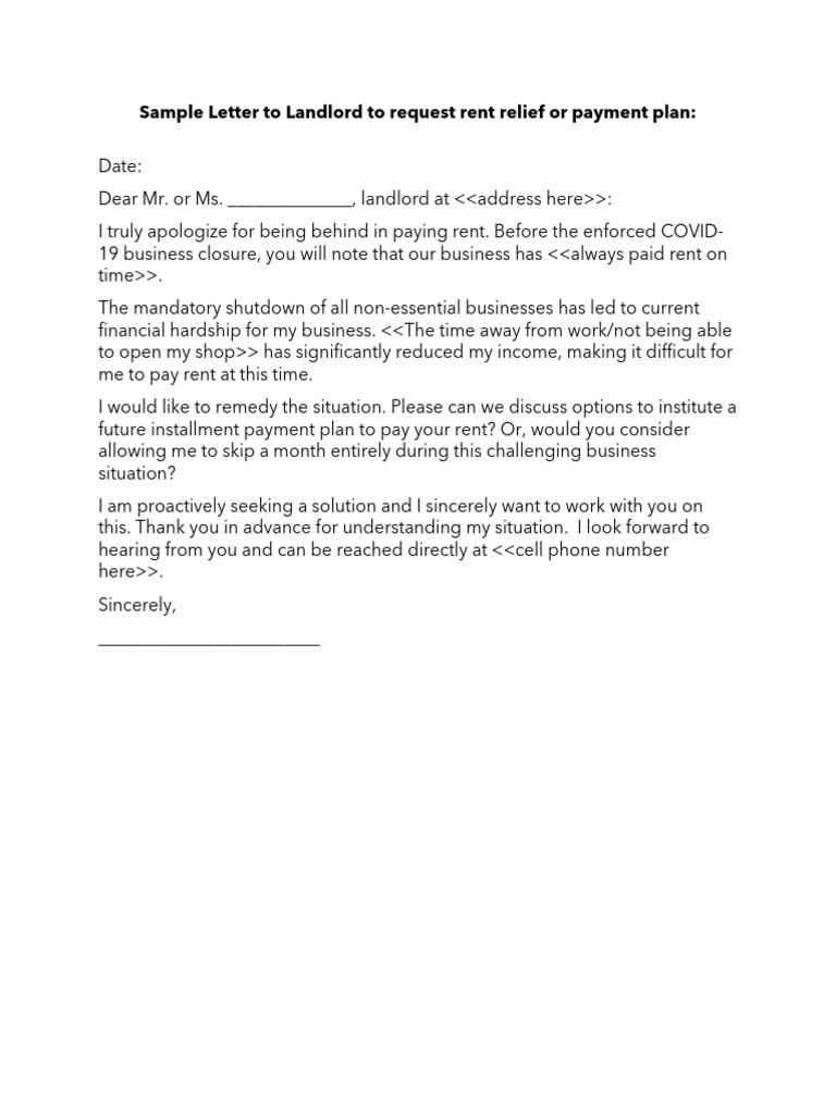 Sample Letter To Landlord To Request Rent Relief or Payment Plan | PDF ...