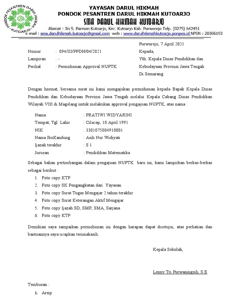 Contoh Surat Pengajuan Nuptk 2019 | PDF