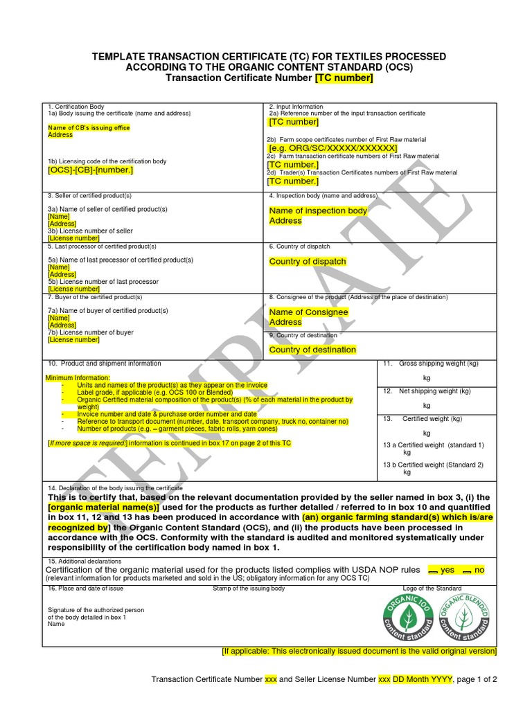 Organic Textile Transaction Certificate Template: Certifying Organic ...