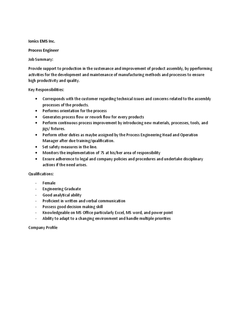 Ionics EMS Inc. Process Engineer | PDF