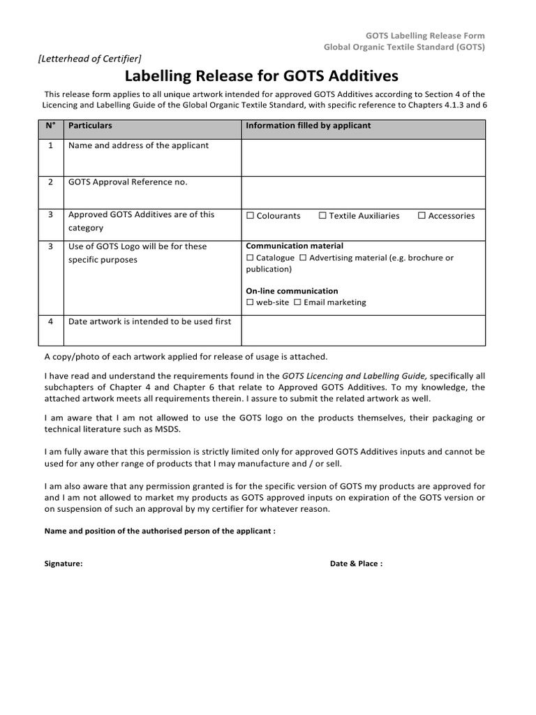 Labelling Release Form - GOTS Additives - 1 Mar 2016 | PDF | Business ...