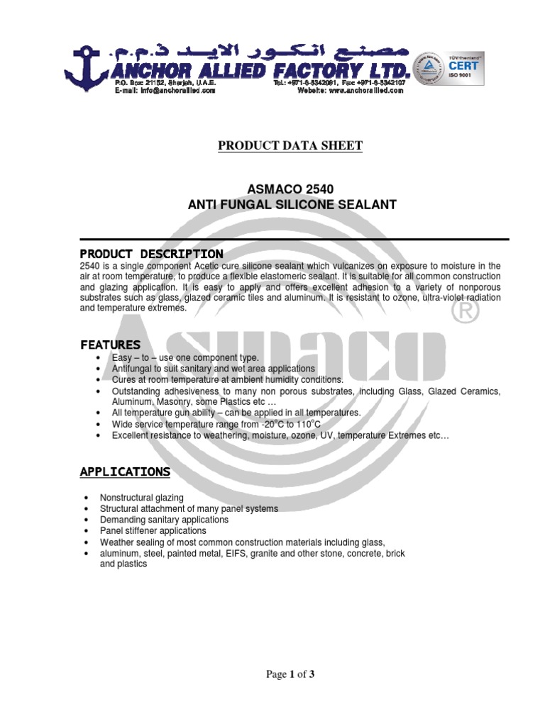 Silicon Sealant Asmaco 2540 | PDF | Silicone | Materials
