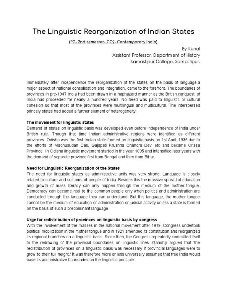 Linguistic Reorganization of Indian States | PDF | Politics Of India ...