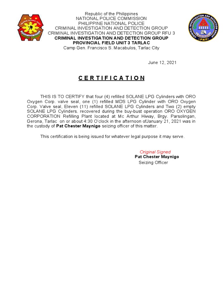 CERTIFICATE of Custody of Evidence Maynigo | PDF