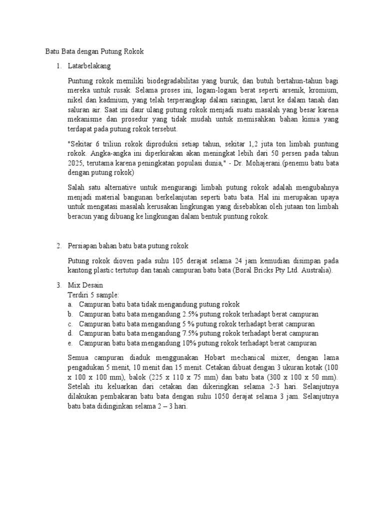 Batu Bata Dengan Putung Rokok | PDF
