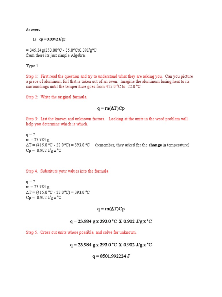 Answers To Specific Heat Problems | PDF | Heat | Thermodynamics