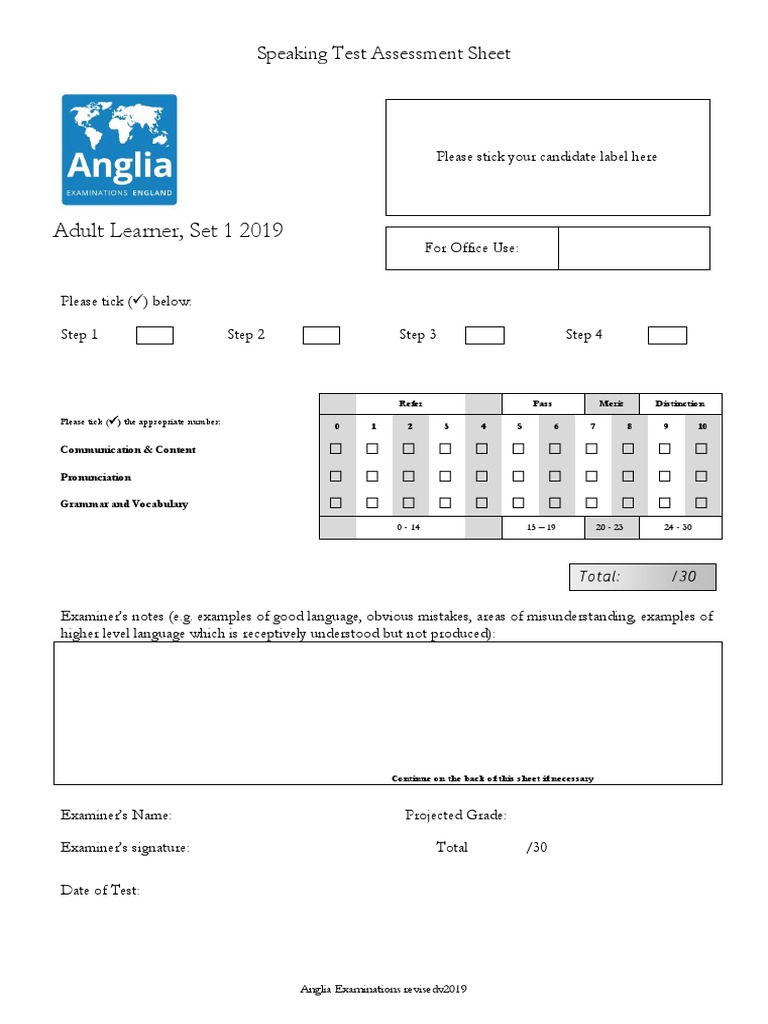 Speaking Test Assessment Sheet 2019 | PDF
